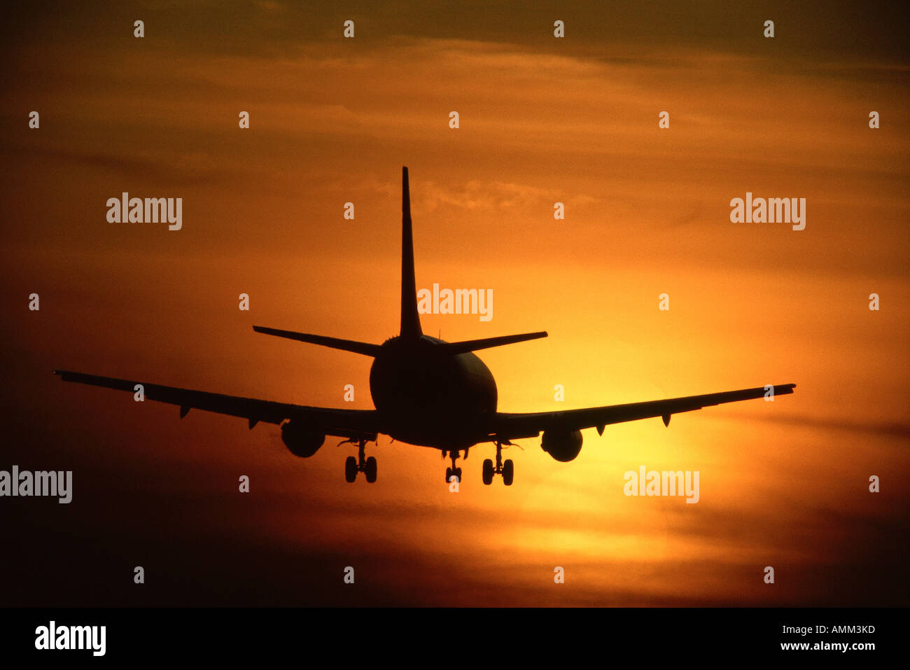 Plane Landing at Sunset Stock Photo - Alamy