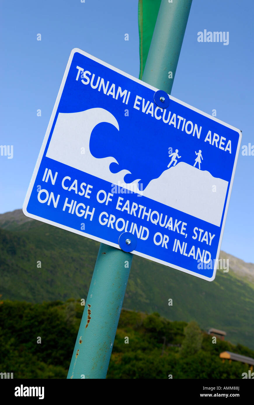 Tsunami Evacuation Route sign marker Valdez Prince William Sound Alaska ...