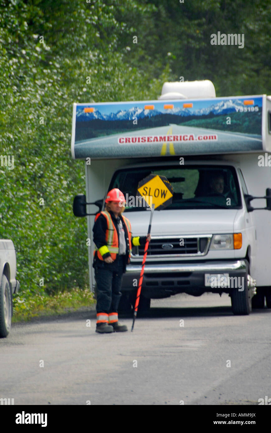 Construction along Cassiar Highway with view of Cassiar Mountains ...
