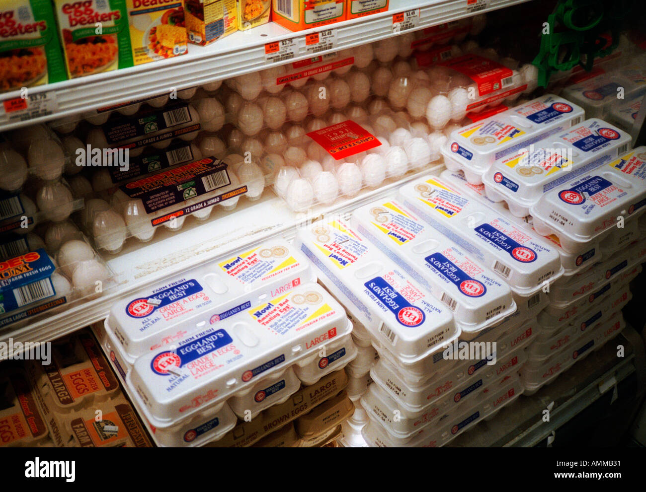 A display of various brands of eggs on supermarket shelves Stock Photo ...