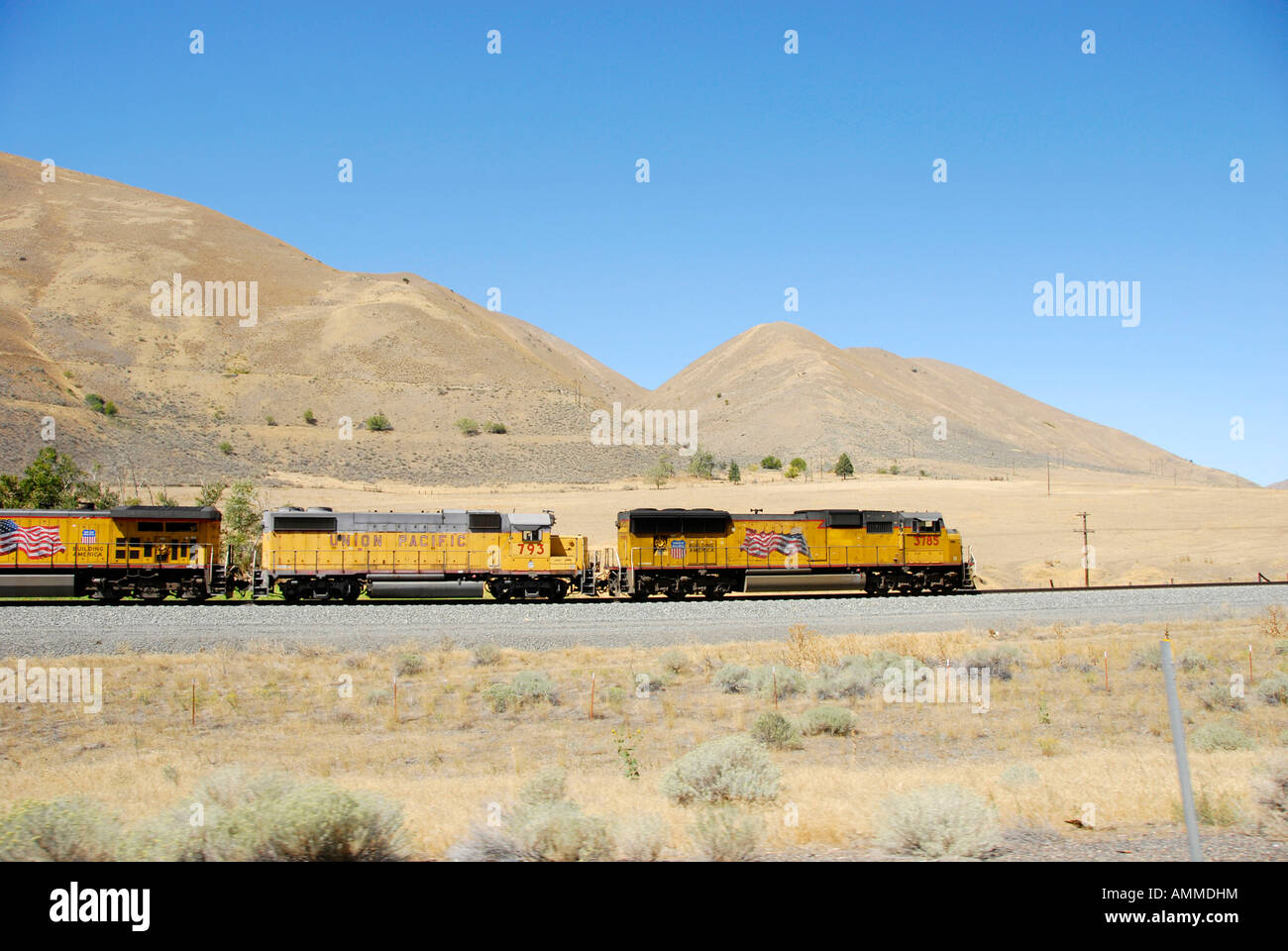 Union Pacific Railroad rail car train along Wyoming WY US United States ...