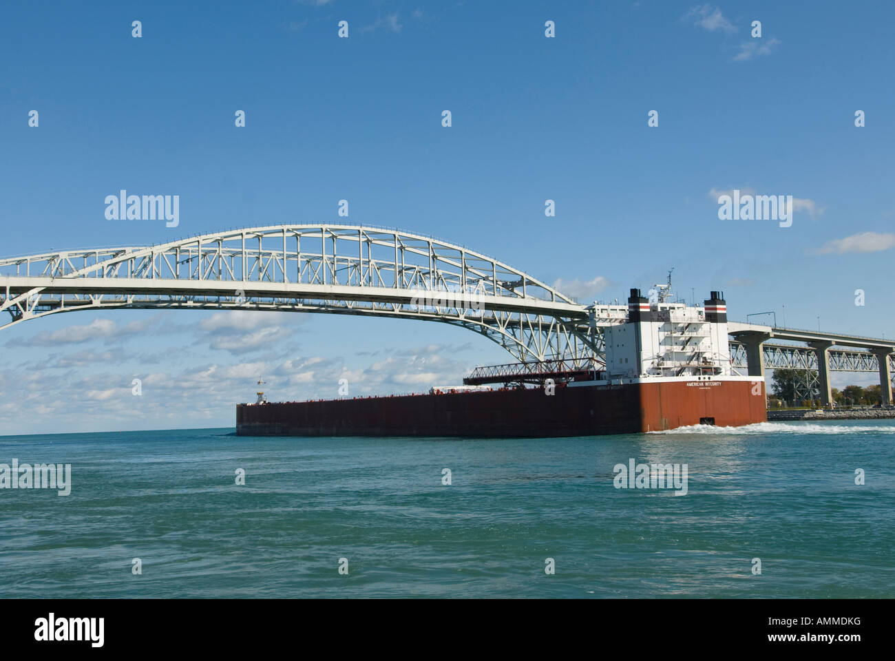 Lake freighter on the St Clair River under the Blue Water International ...