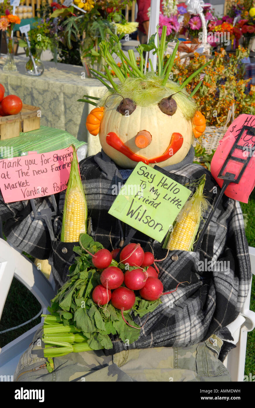 Vegetable art with a scarecrow made from various garden vegetables ...