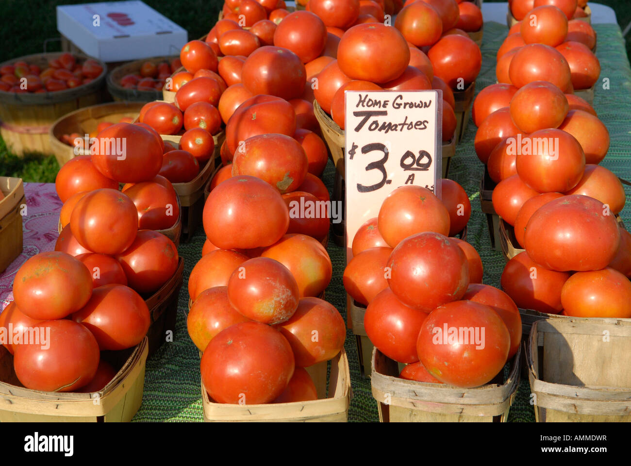 Tomatoes and vegetables for sale at a roadside farmer market stand ...