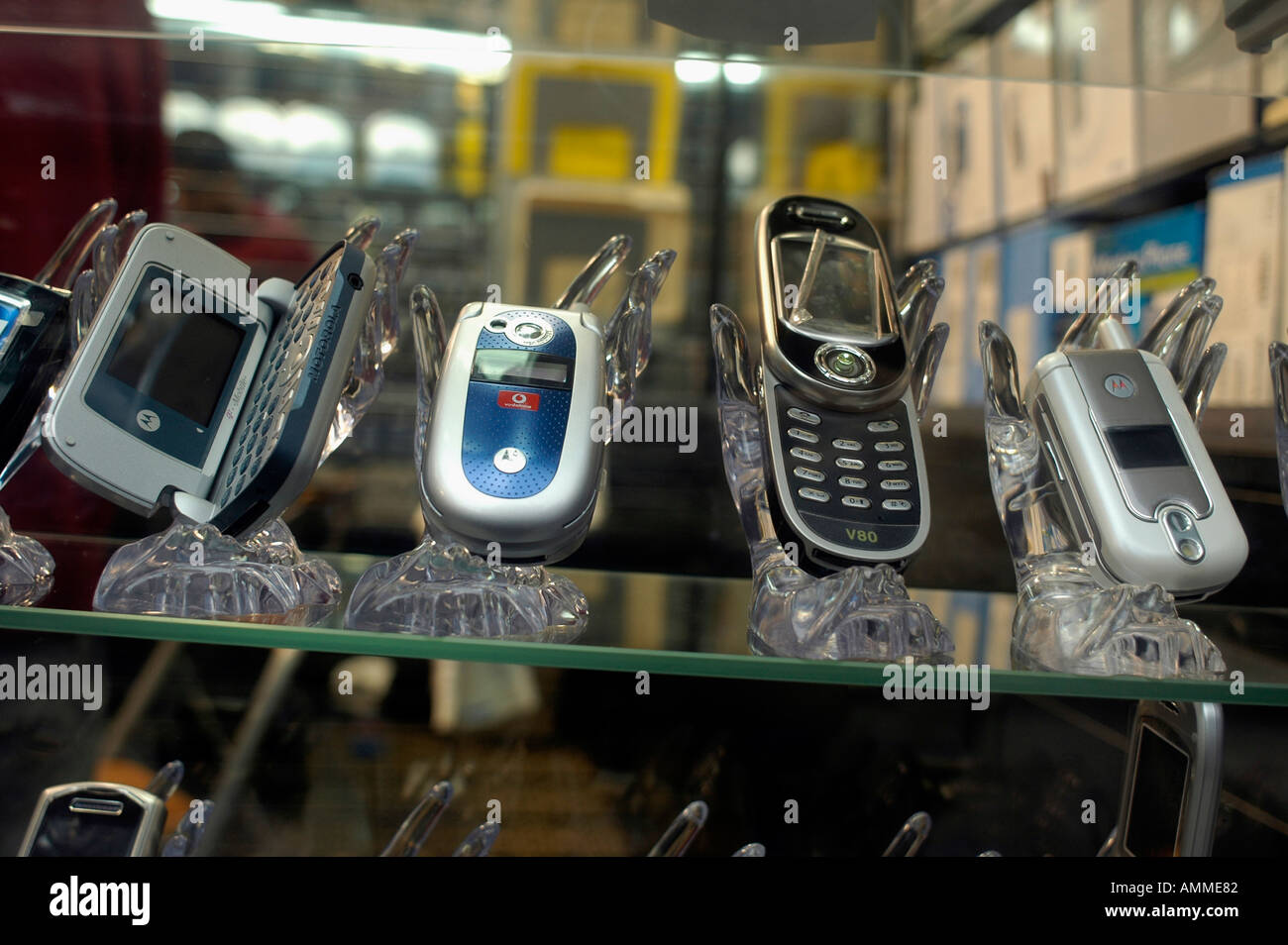 A display of various cellular telephones from different manufacturers ...