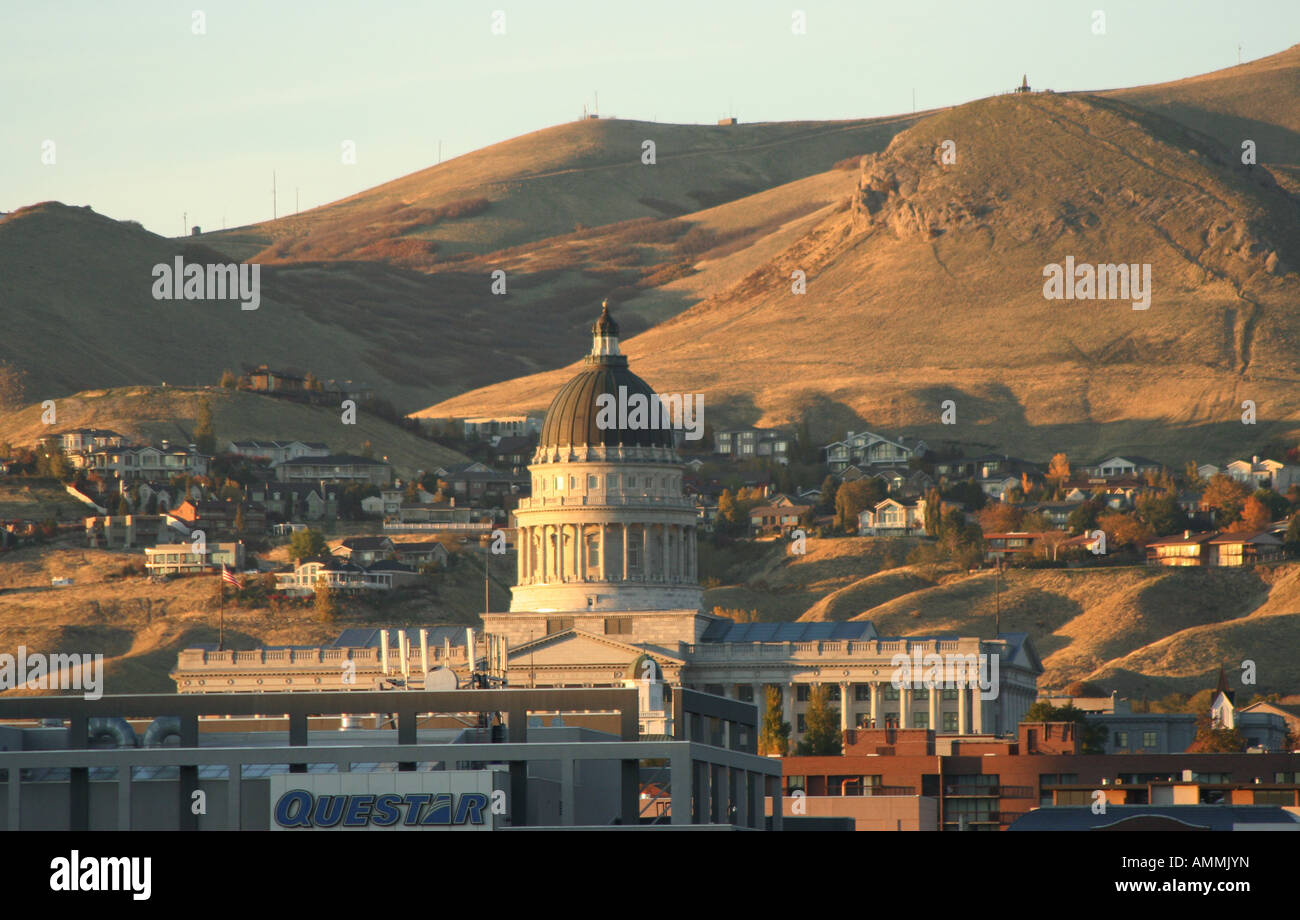 elevated view of Utah capitol building Salt Lake City at dusk October ...