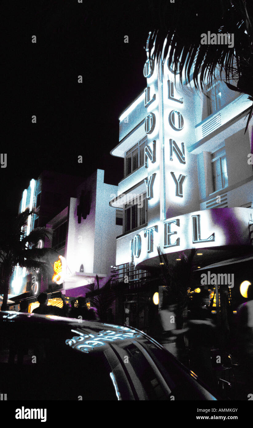 colony hotel at night miami beach florida usa Stock Photo - Alamy