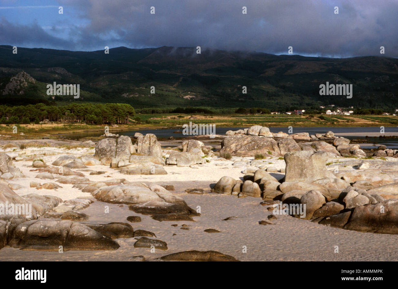 Carnota beach looking inland towards hi-res stock photography and ...