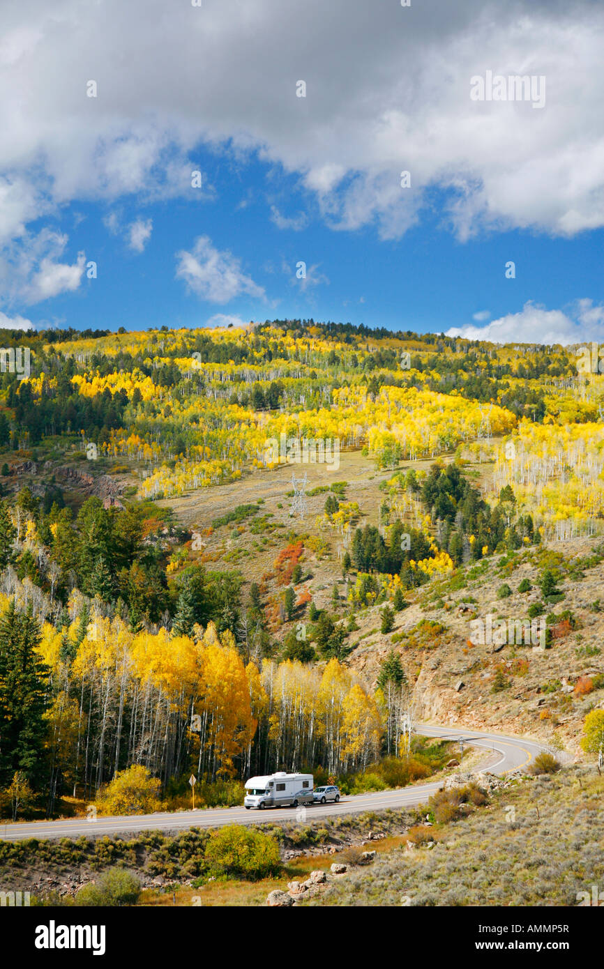 Aspen tree groves and RVs on Highway 149 in fall, Curecanti National ...