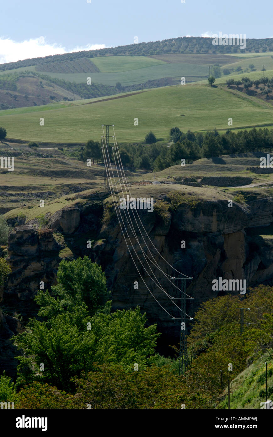 Electric power cables spanning a gorge in southern Spain Stock Photo ...