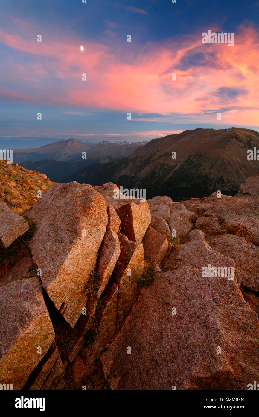 Moonrise and sunset, Rocky Mountain National Park, Colorado Stock Photo ...