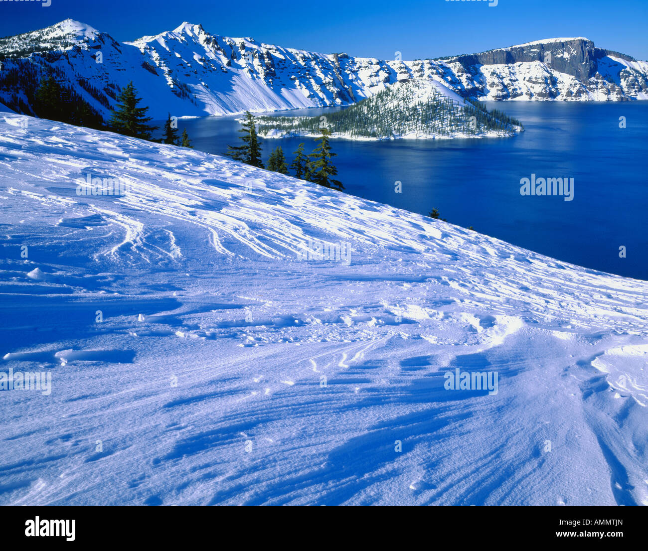 Wind sculpted snow patterns above Crater Lake, Oregon Stock Photo - Alamy