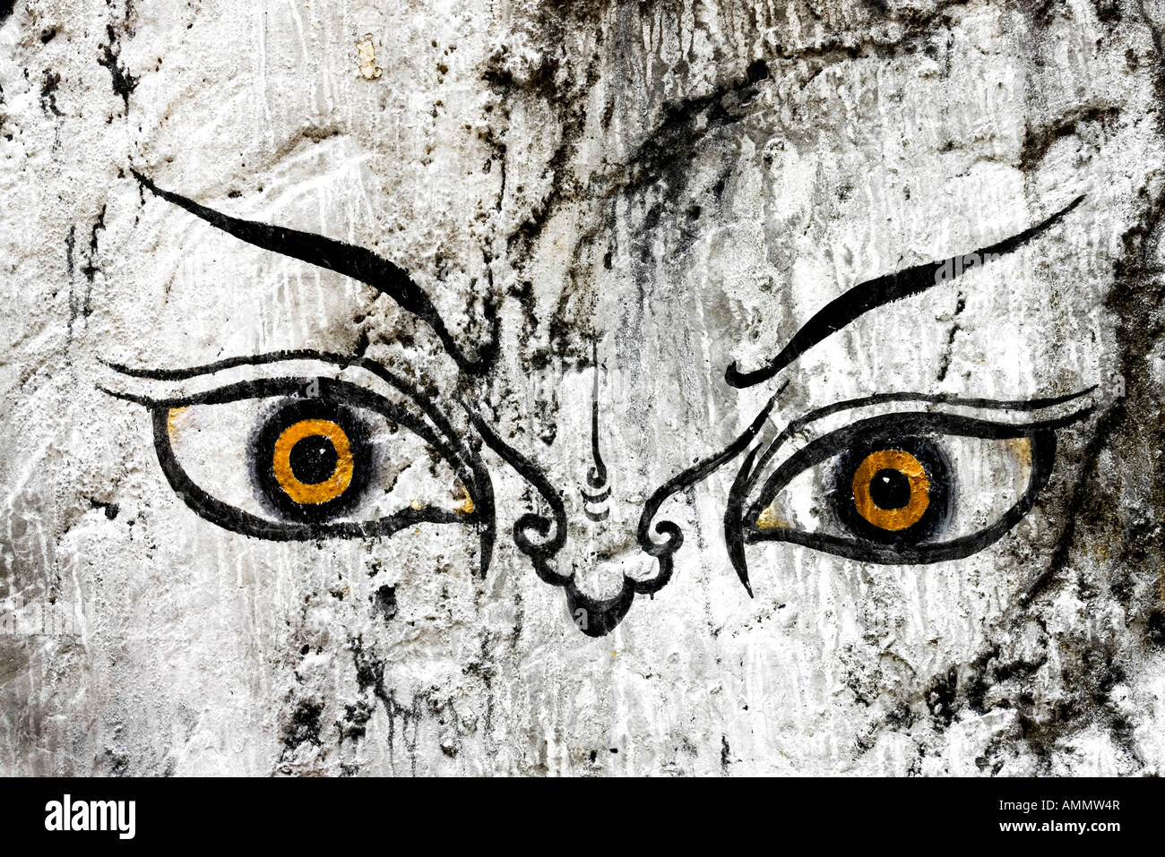 The eyes of Guru Rimpoche (Padmasambhava) painted on a cave on the road ...