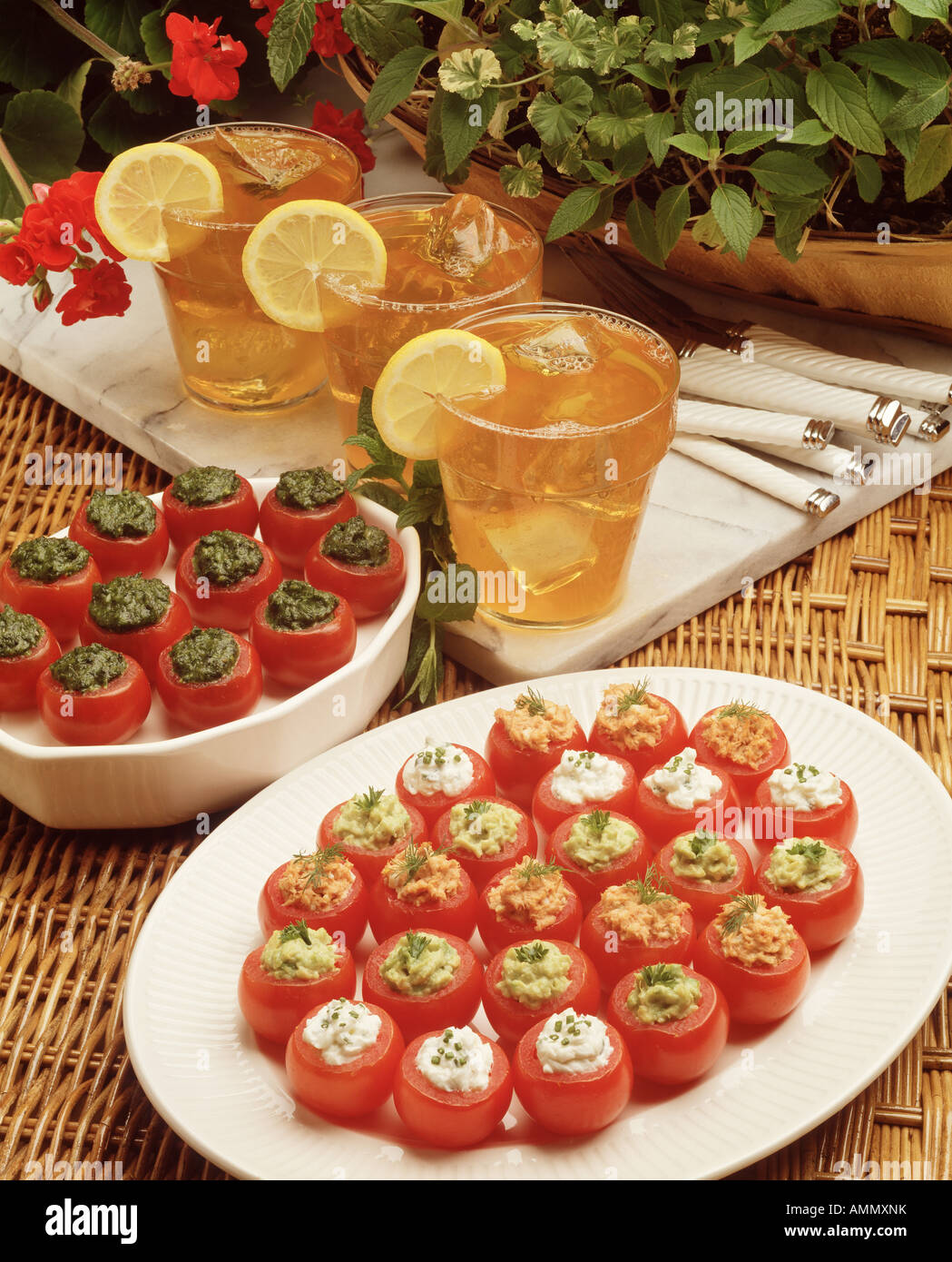 stuffed tomato tomatoe medley party assortment snacks iced tea summer ...