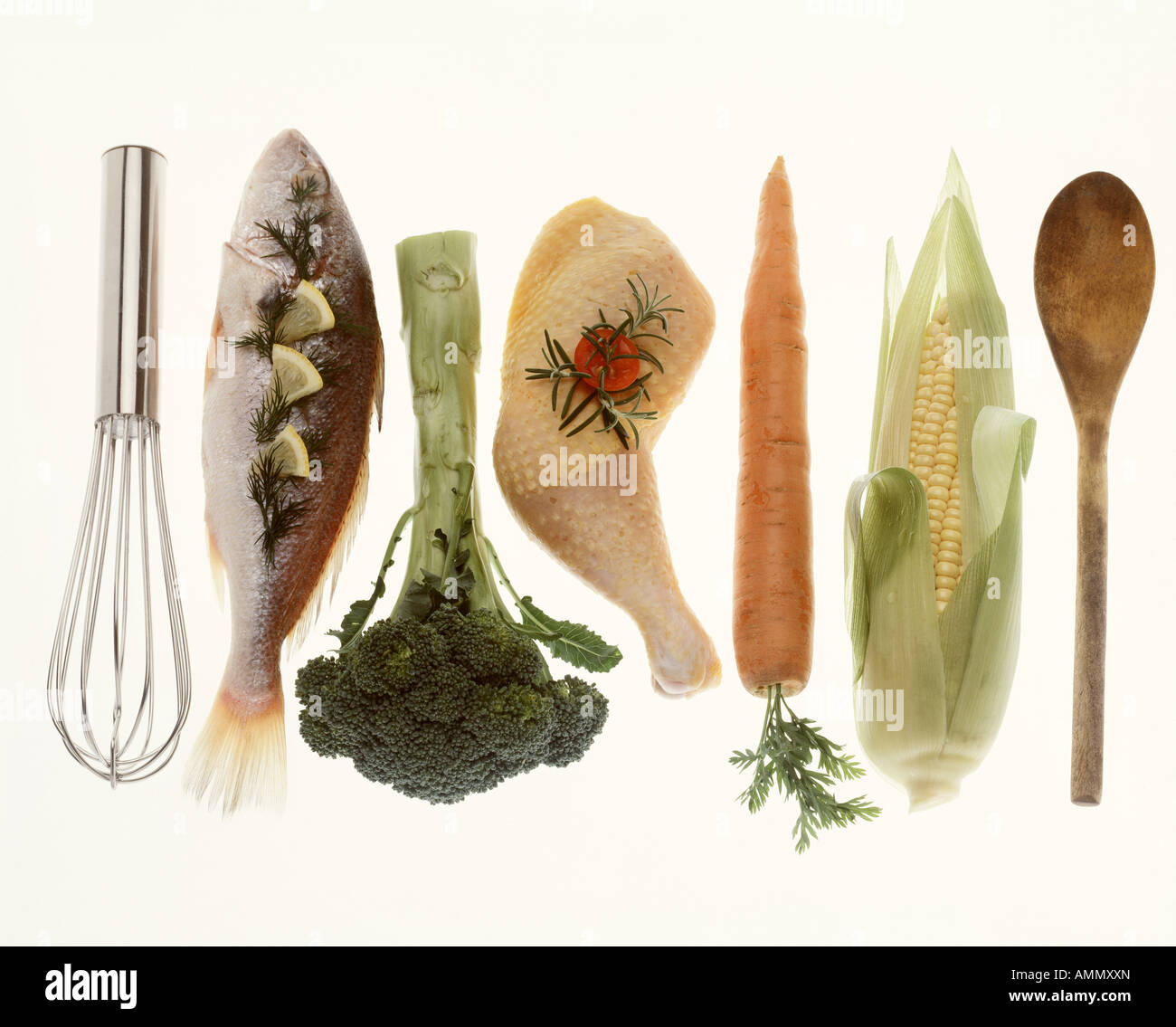 close up cook book recipe items raw fish chicken vegetable carrot corn ...