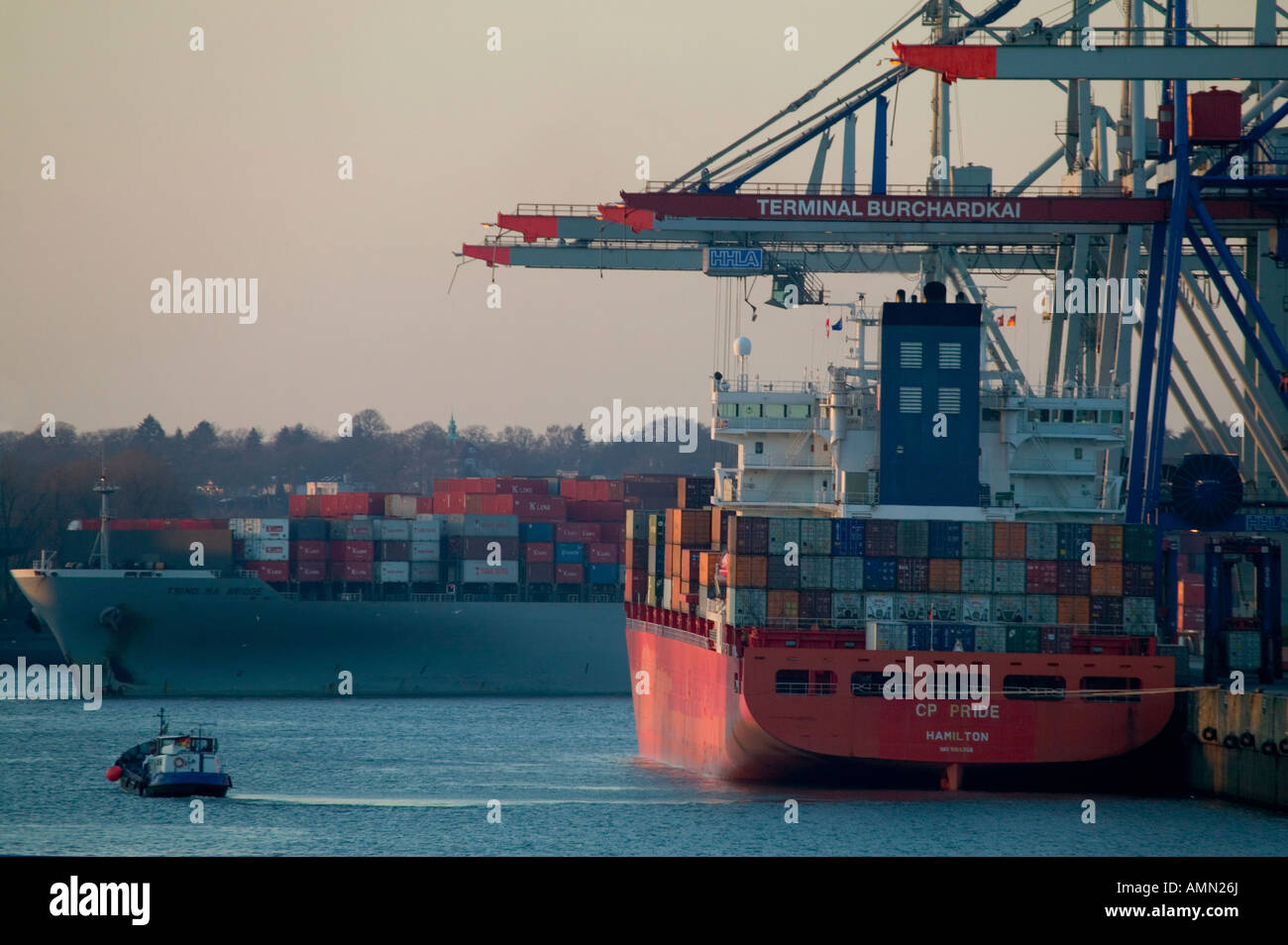 Container ships at the Burchard wharf in the port of Hamburg, Germany ...