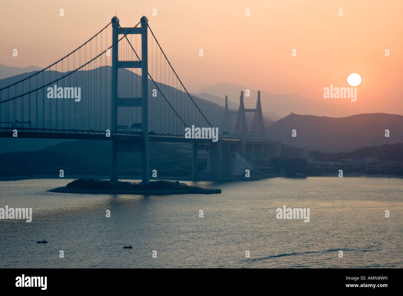 Tsing Ma Hanging Suspension Bridge at Sunset Tsing Yi Hong Kong Stock ...