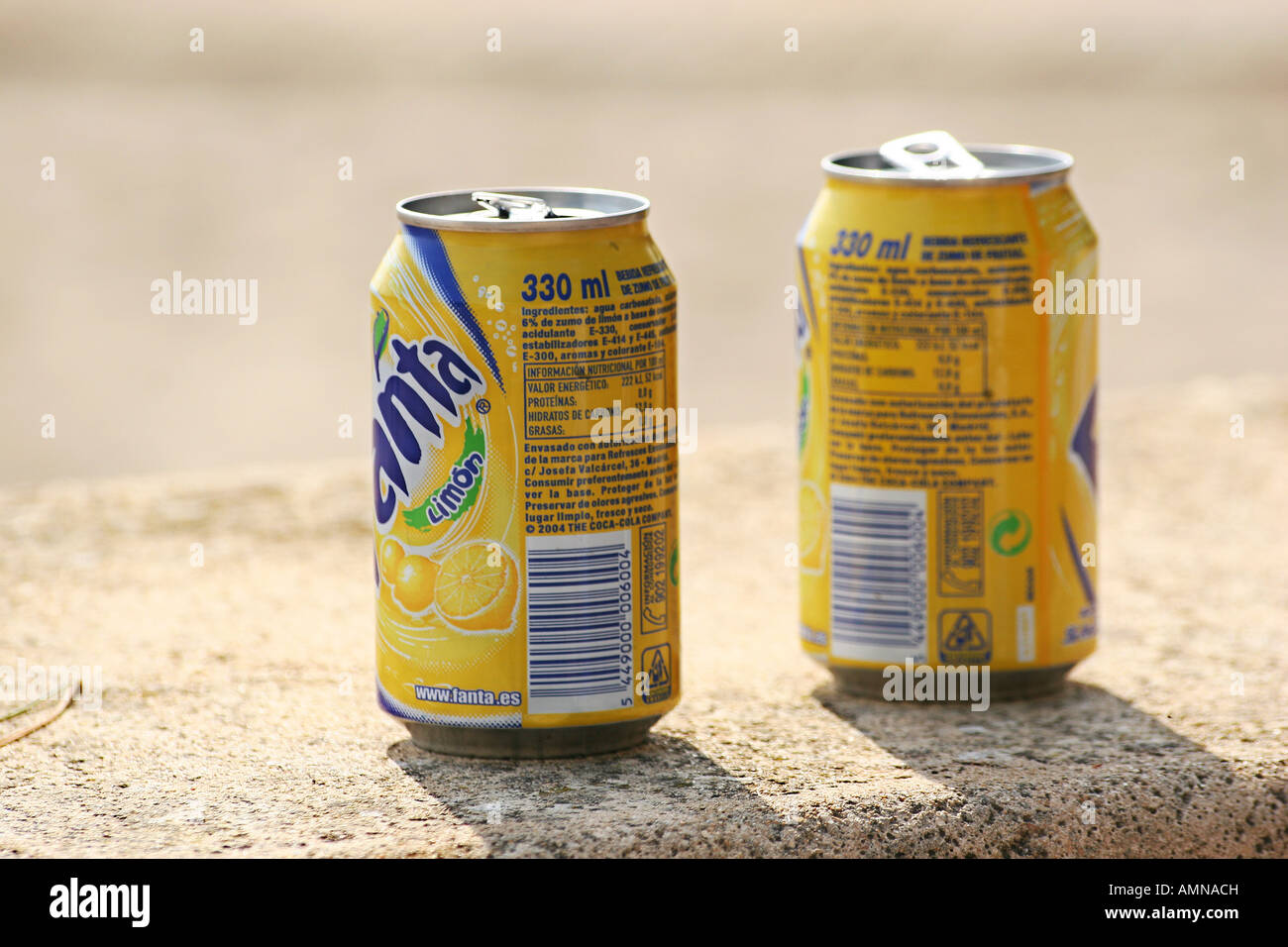 Two empty drink cans left on a wall top as litter in Palma Nova Stock ...