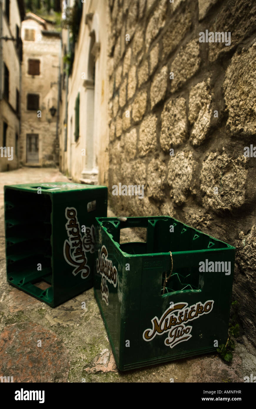 Close-up of empty beer crates ina street in Kotor Old Town, Montenegro ...
