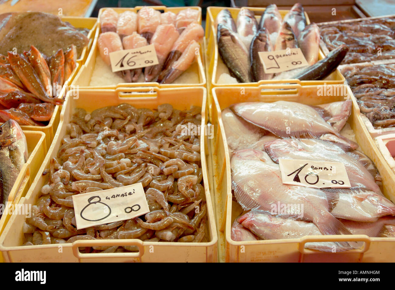 Fresh Sea Food Fish market - Bream Prawns Mullet Venice Italy Stock ...