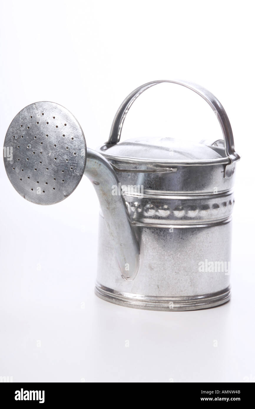 silver watering can, cut-out, white background Stock Photo - Alamy