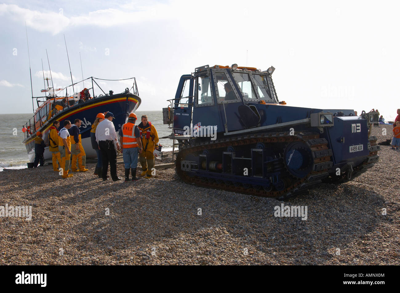 RNLI lifeboat being landed at Aldeburgh, East Anglia. Royal National ...