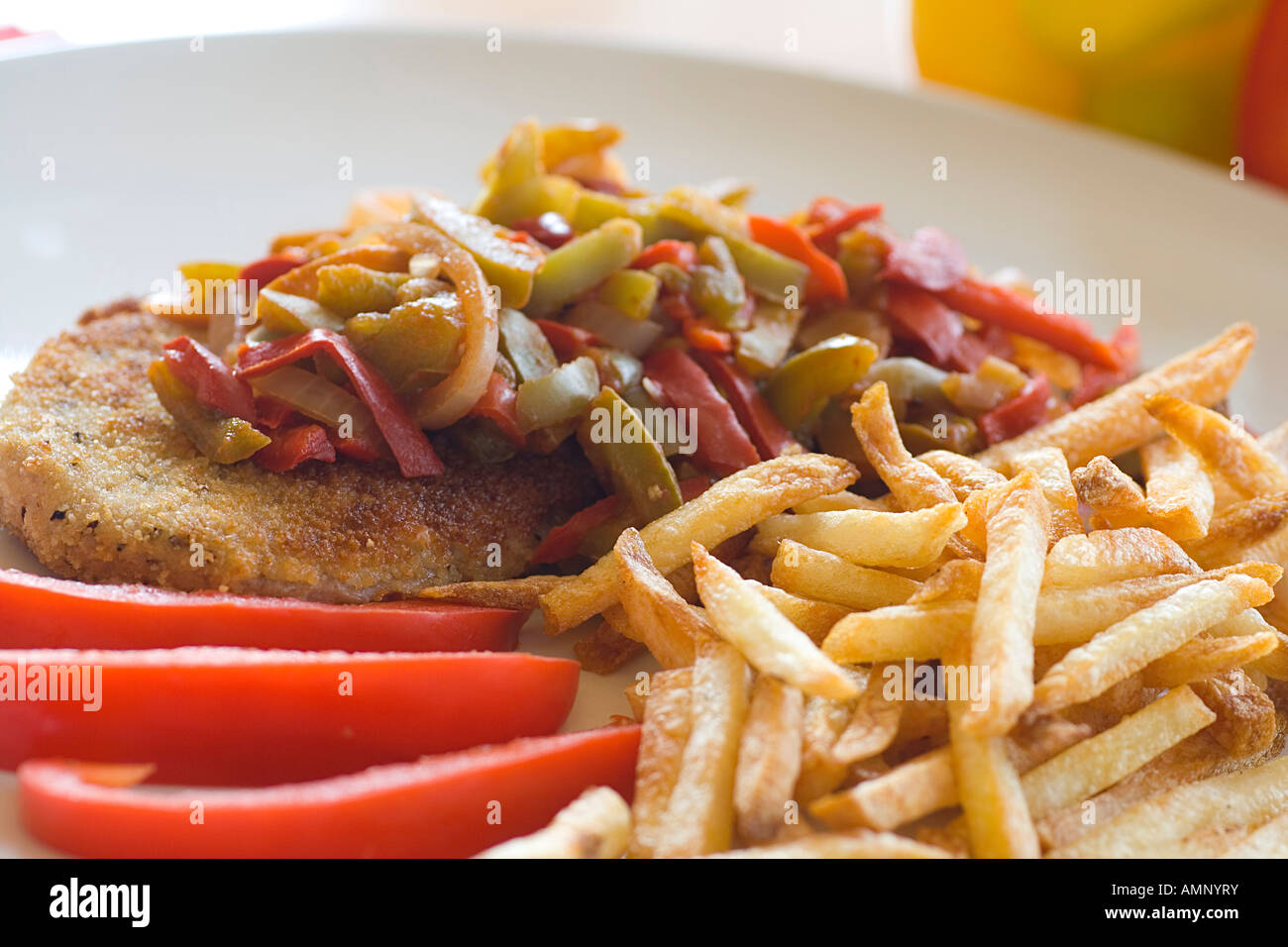 Schnitzel with chips Stock Photo - Alamy