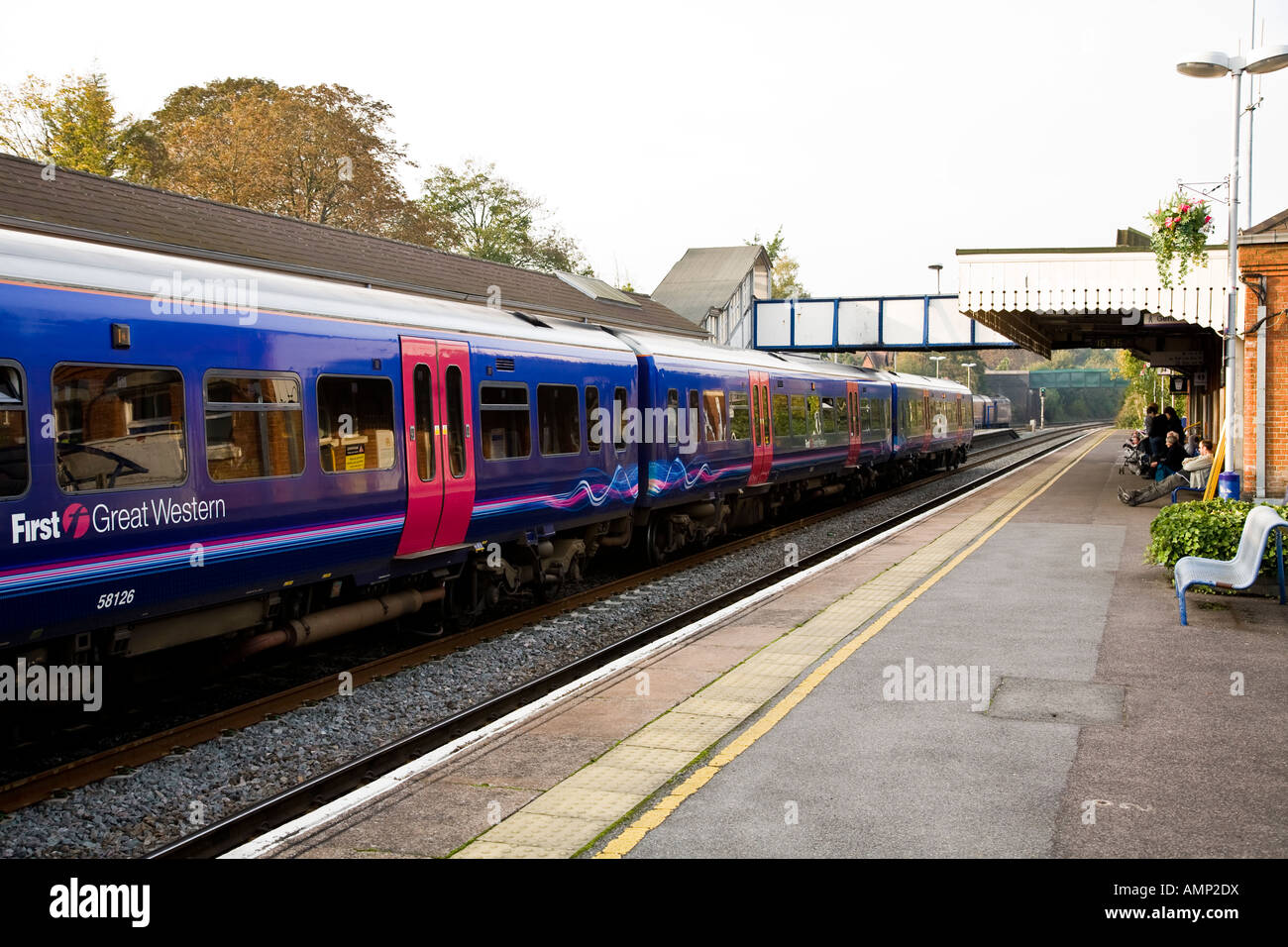 Passenger train waiting at platform at Goring and Streatley railway ...