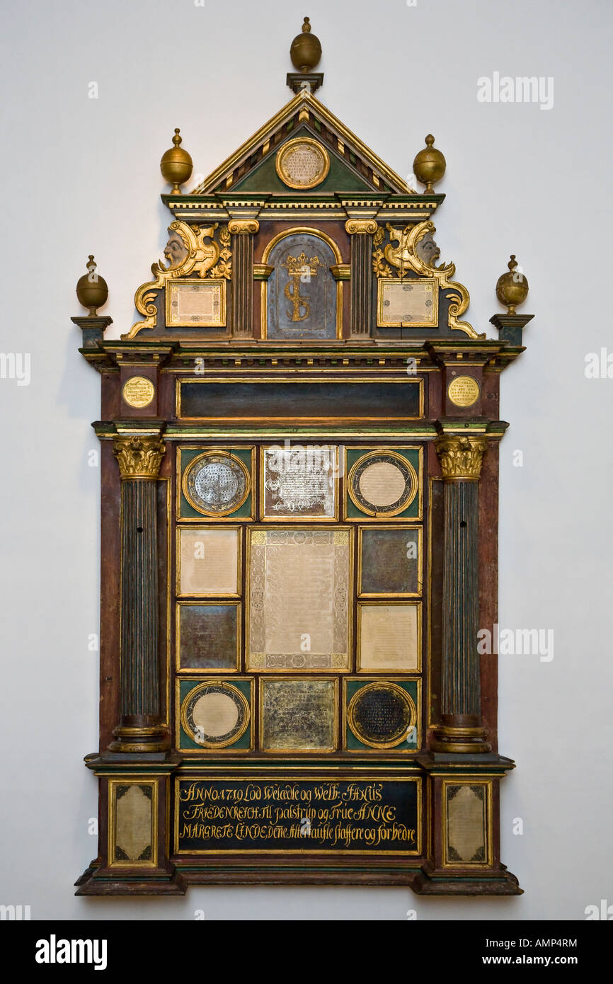 Altarpiece with inscriptions etched in limestone and metal plates Stock ...