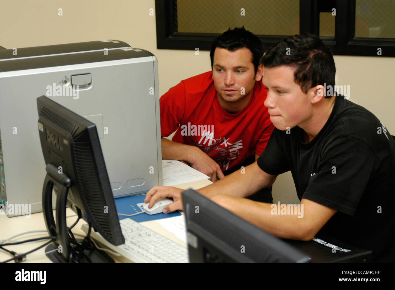 Two college students work on a school project together on a computer ...