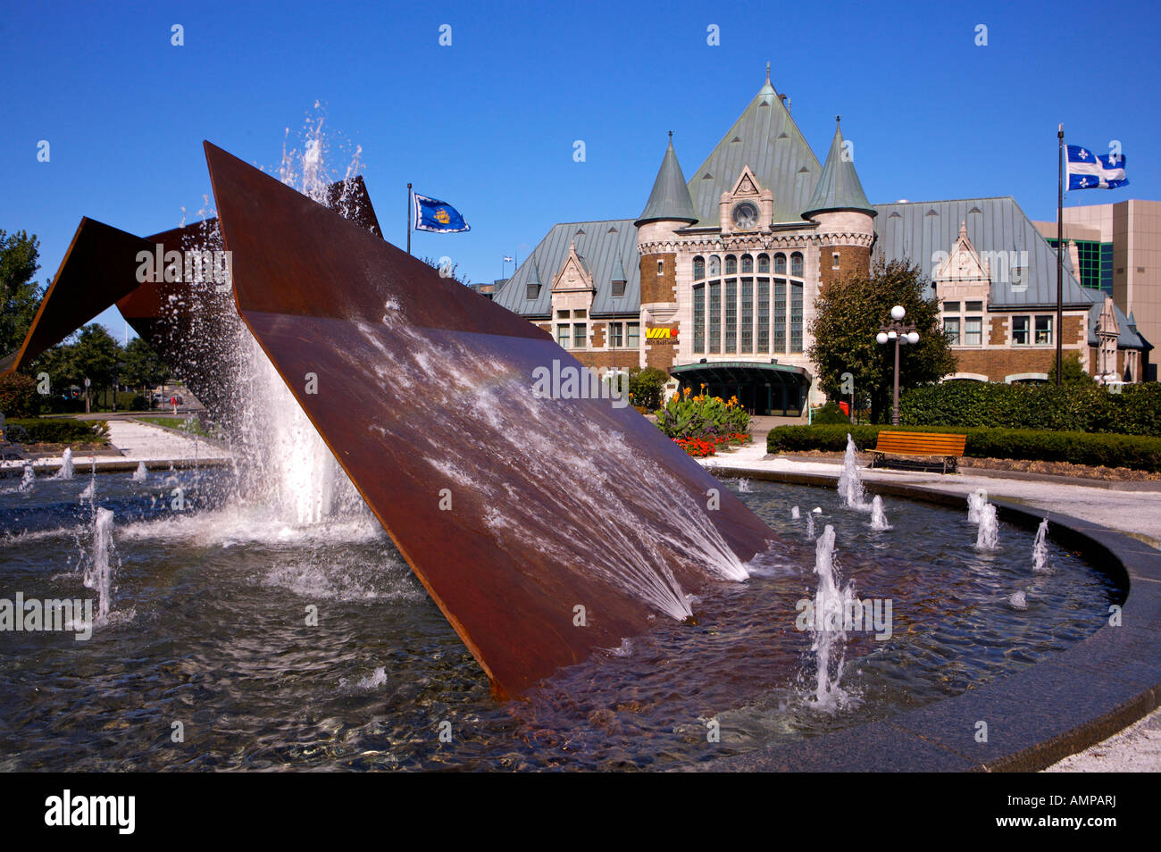 Gare du Palais, Train Station, and fountain in Quebec City, Quebec ...