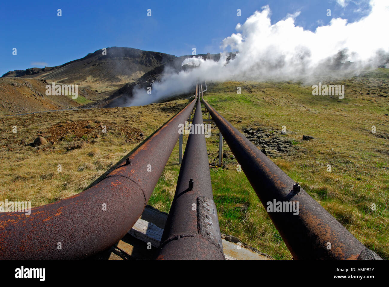 High pressure steam pipes distributing heat from geothermal power plant ...