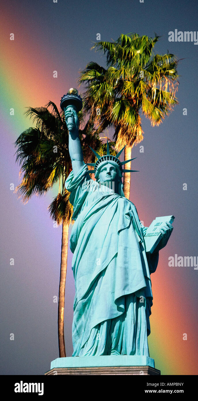 Composite image of the Statue of Liberty and pedestal against palm ...