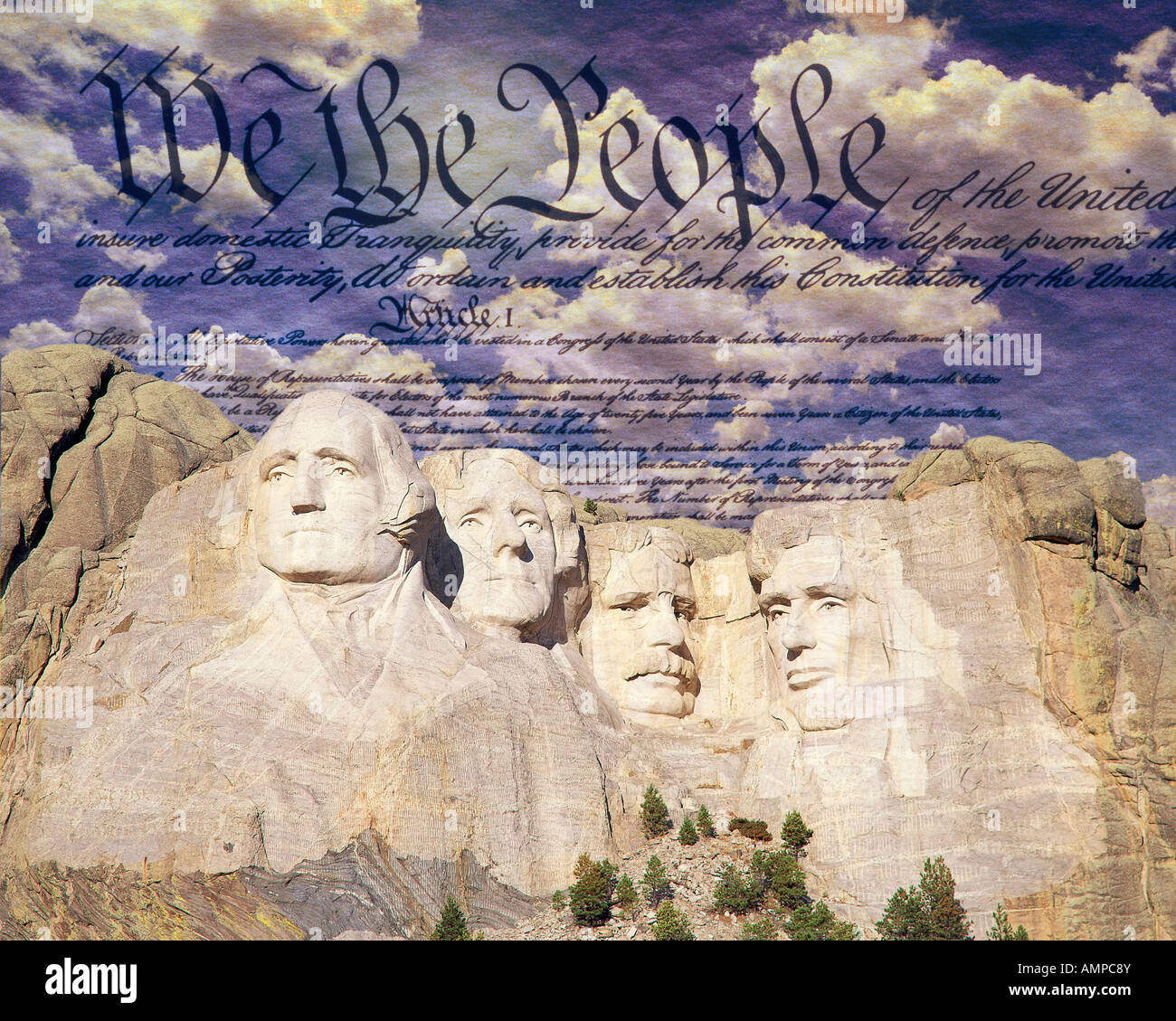 Composite image of Mount Rushmore, U.S. Constitution, and blue sky with ...