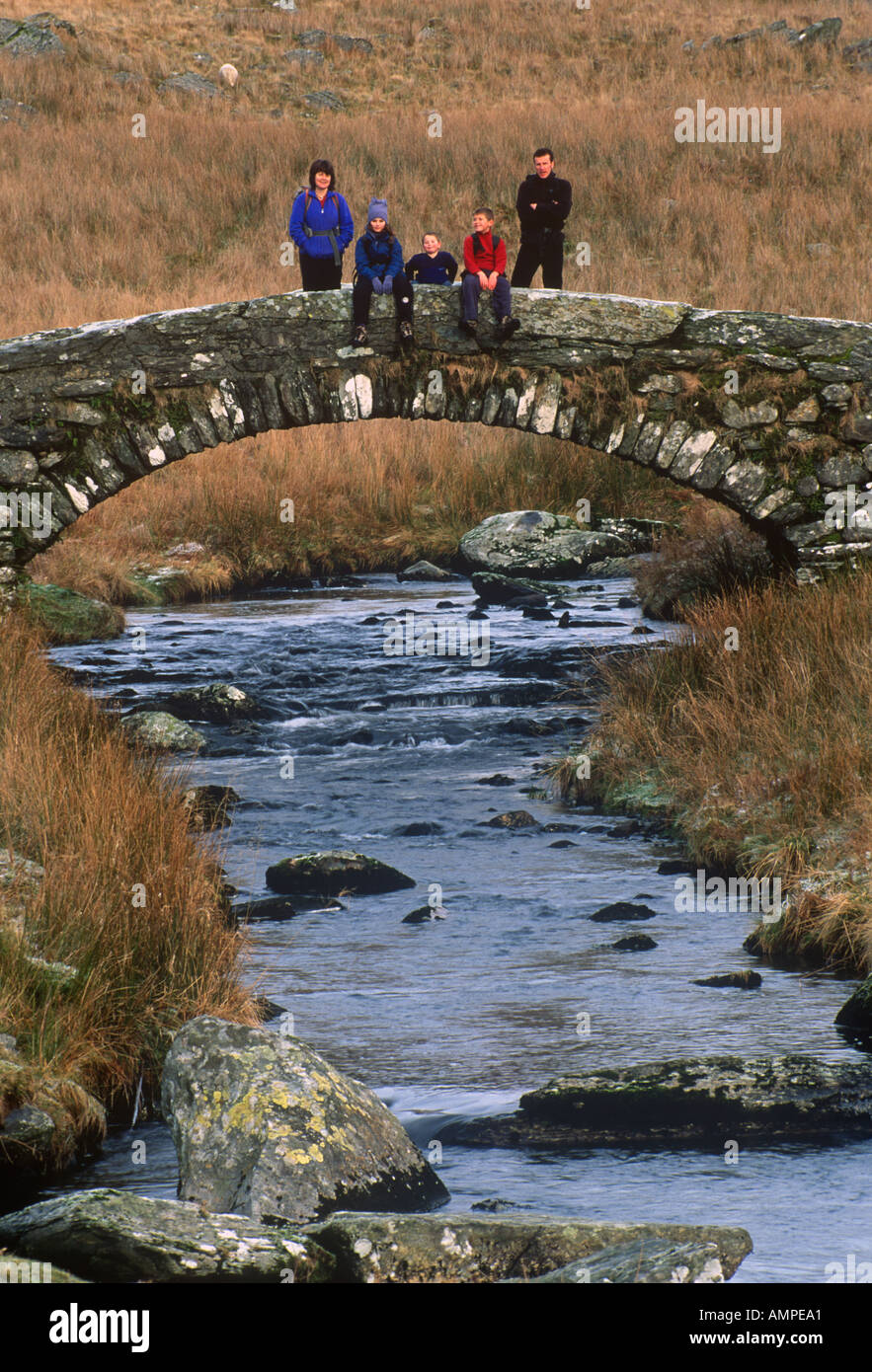 Family on Pont Scethin Old Drovers Bridge The Rhinogs Snowdonia North ...