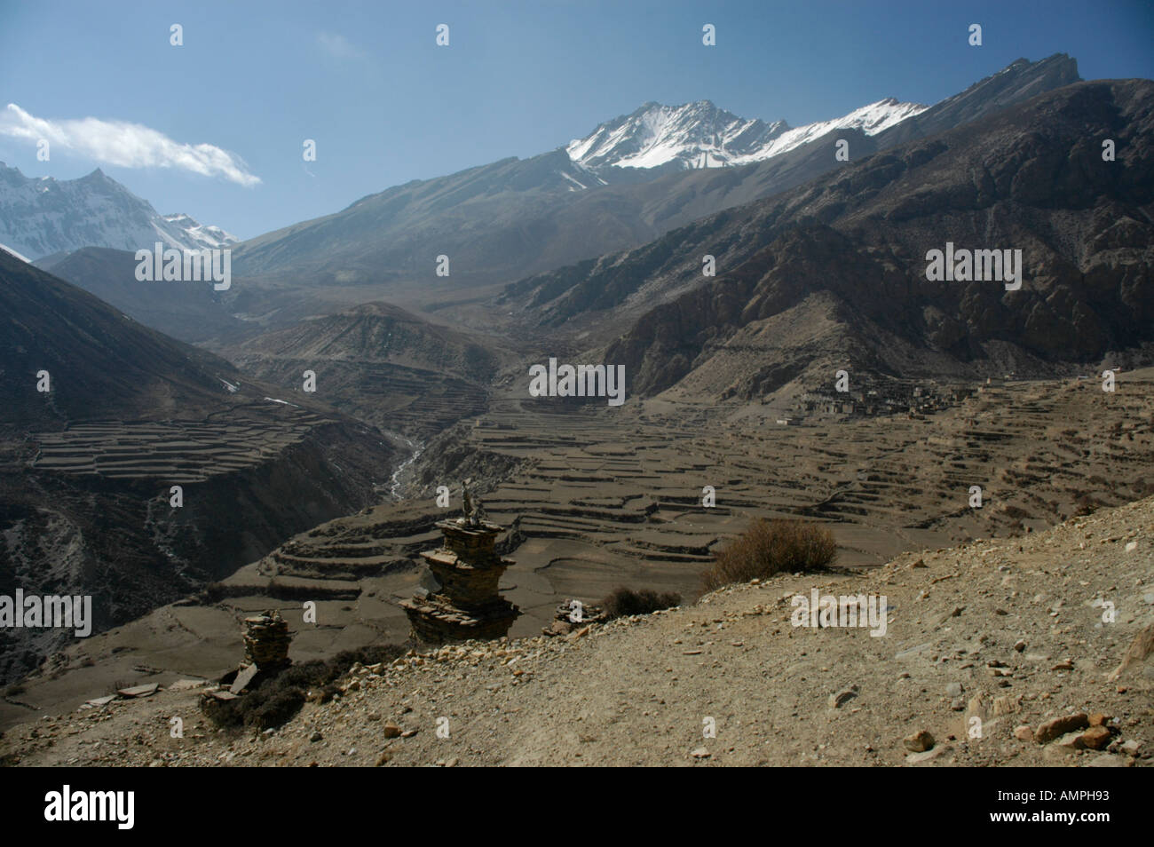 View into the grand valley of the mountain village with its terraces ...