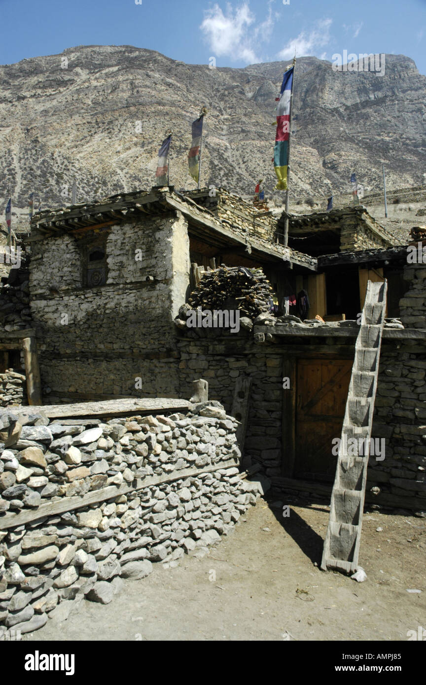 Flat roofed stone house with wooden ladder in Manang Annapurna Region ...