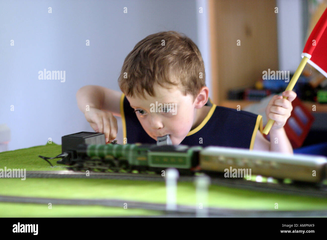 Train boy Lewis aged 5 and his trainset Stock Photo - Alamy