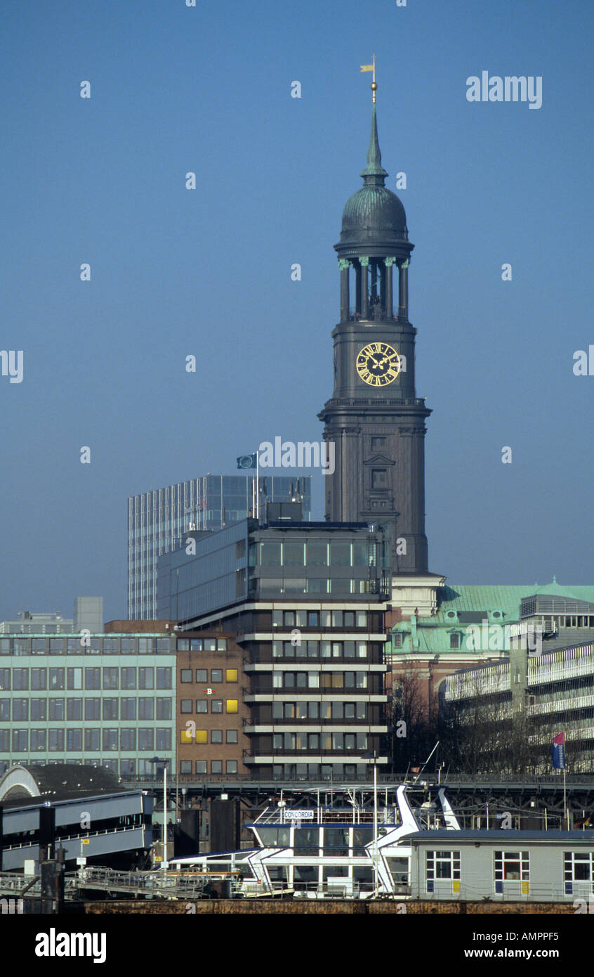Tower of St Michaelis church and office buildings at Hamburg Harbour ...