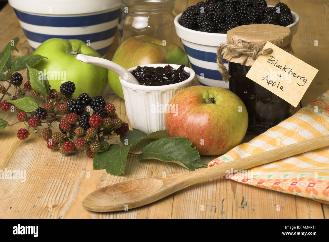 Country Jam making scene with blackberry and Apples Stock Photo - Alamy