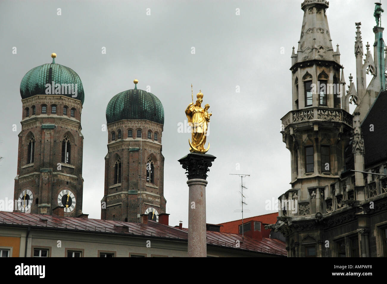 Classic view towers of church Frauenkirche column of Maria cityhall ...