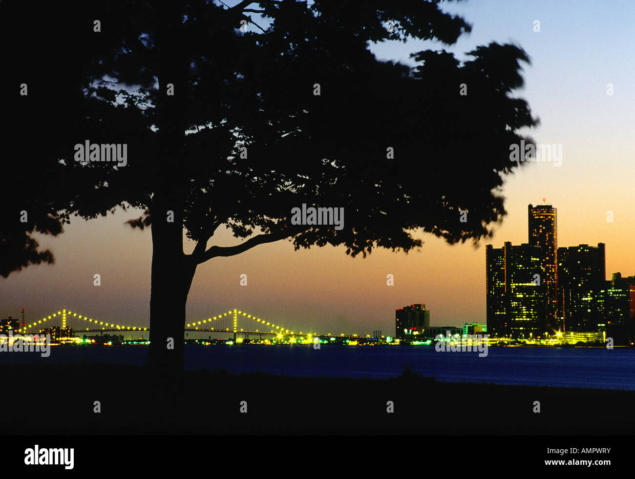 Detroit Michigan from Belle Isle Park in the Detroit River with lights ...