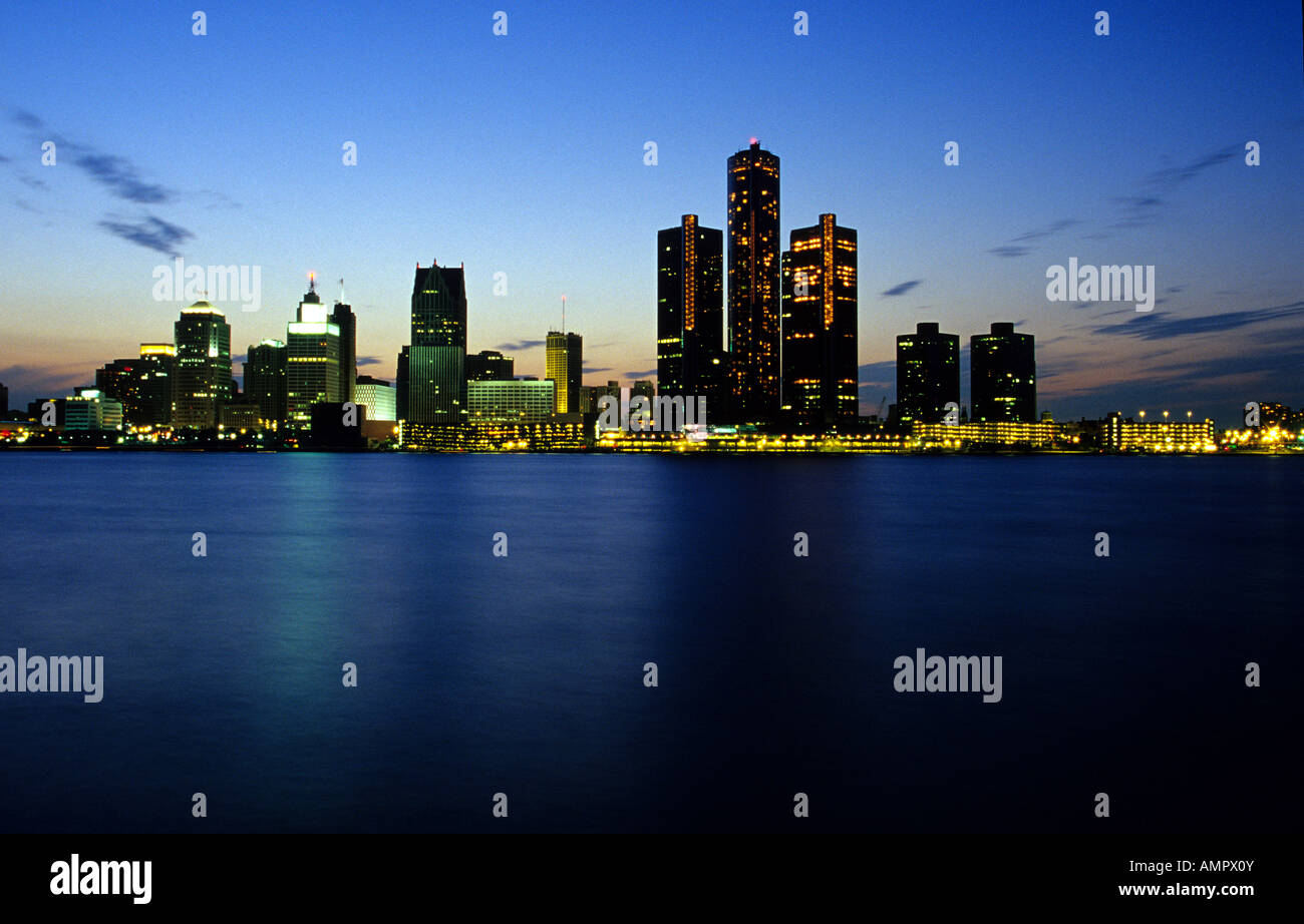 Skyline of Detroit, Michigan, from Windsor, Canada, across Detroit ...