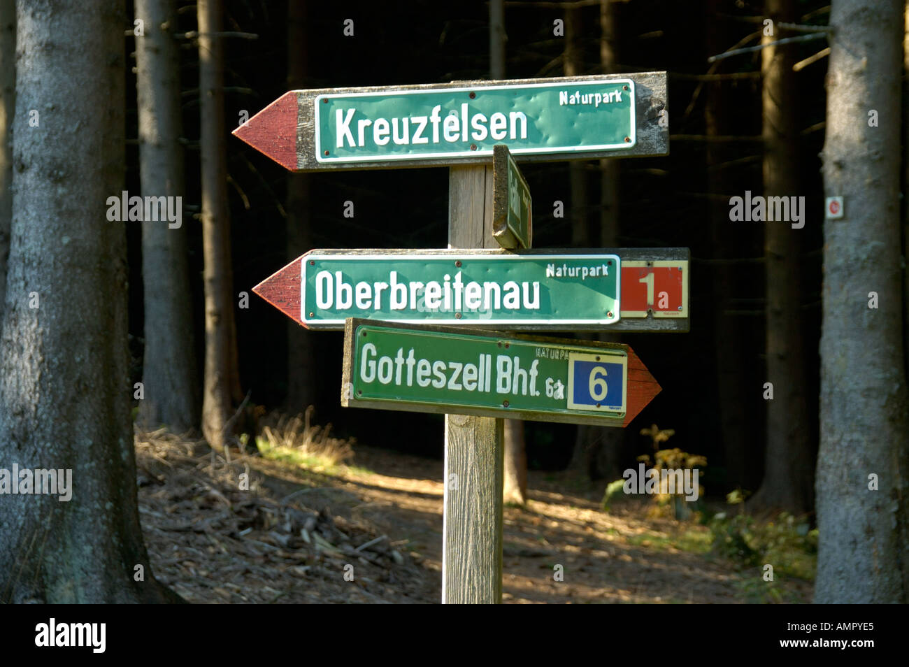 Hiking sign in the forest at Loderhart Bayerischer Wald Lower Bavaria ...