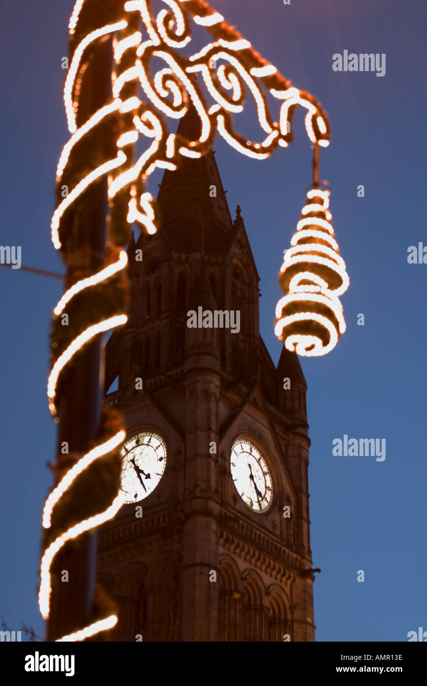 Manchester city hall clock tower with Christmas lights in foreground ...
