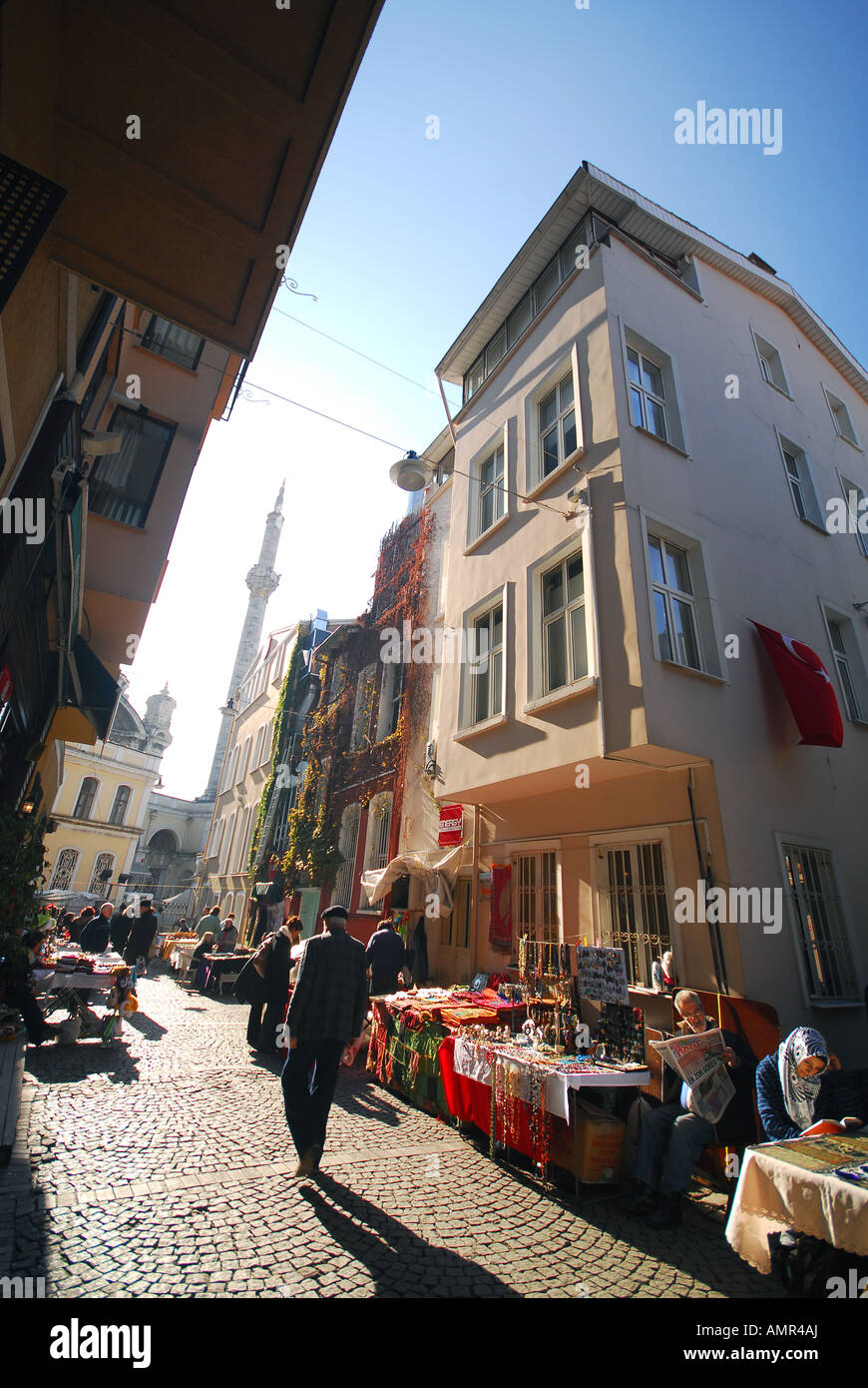 ISTANBUL. Street with market stalls at Ortakoy on the European shore of ...