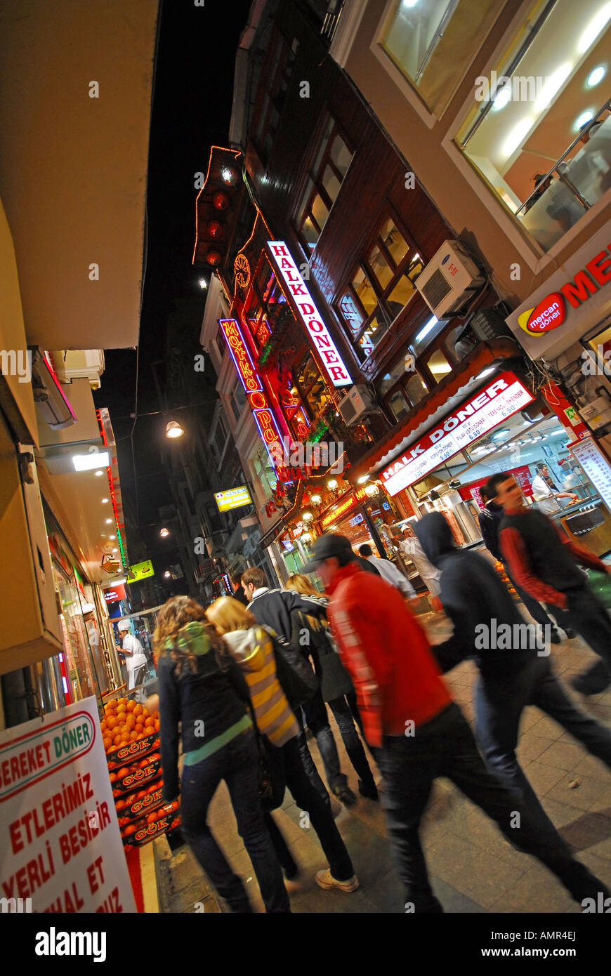 ISTANBUL, TURKEY. Restaurants and kebab shops on a busy side street at ...