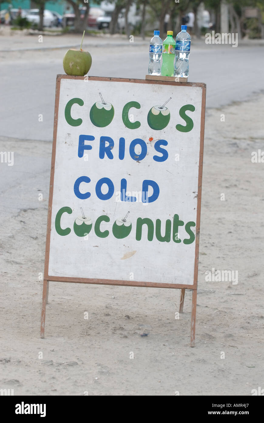Mexico Quintana Roo Tulum Cococs Frios Cold coconuts sign Stock Photo ...