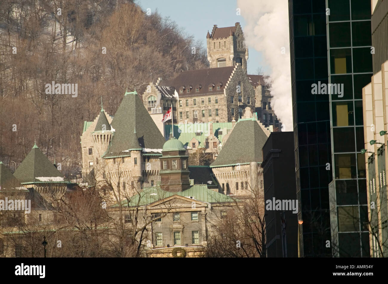 looking up towards McGill University, downtown montreal, place ville ...