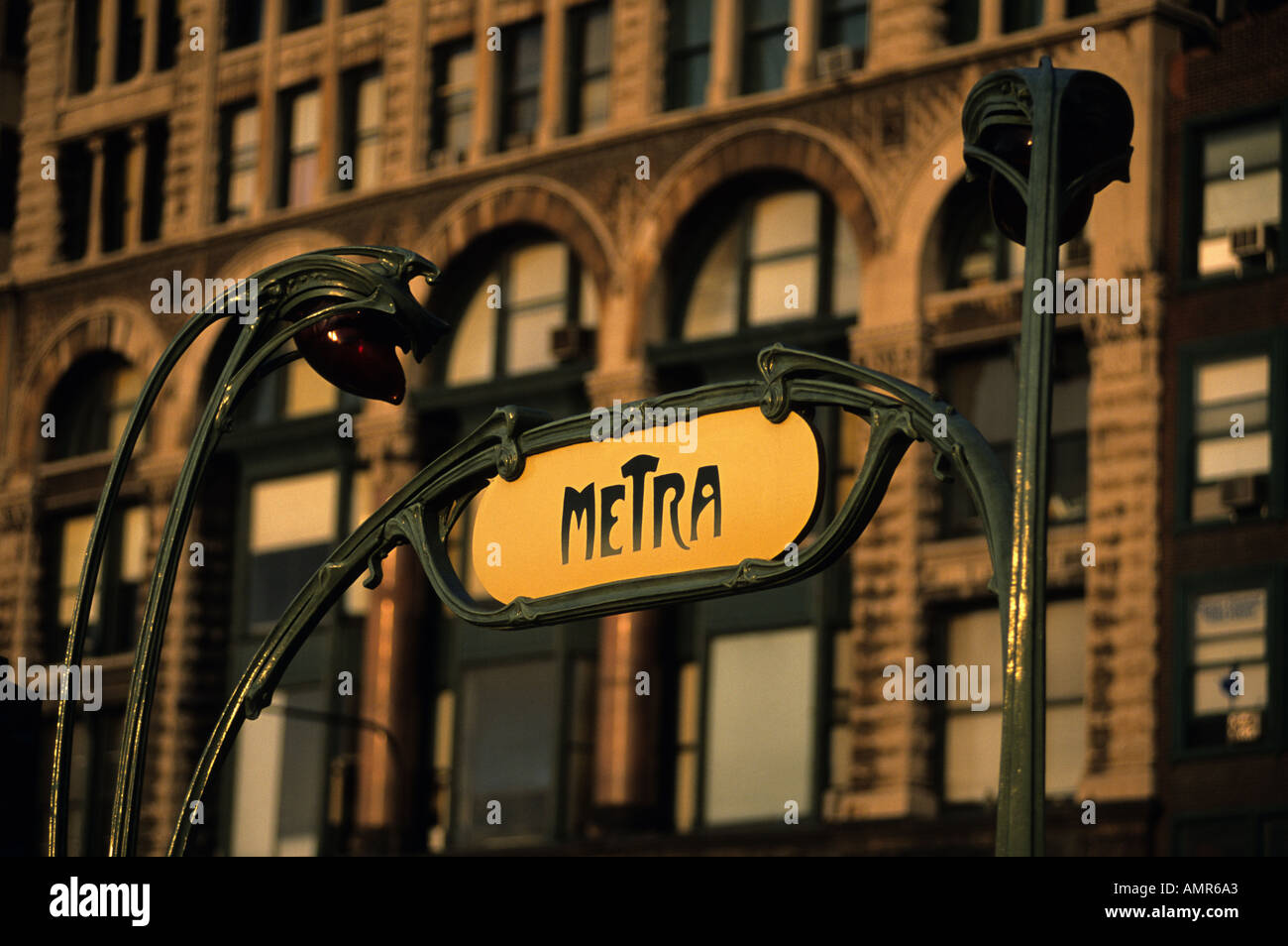 Chicago Metra sign with the buildings of South Michigan Avenue Stock ...